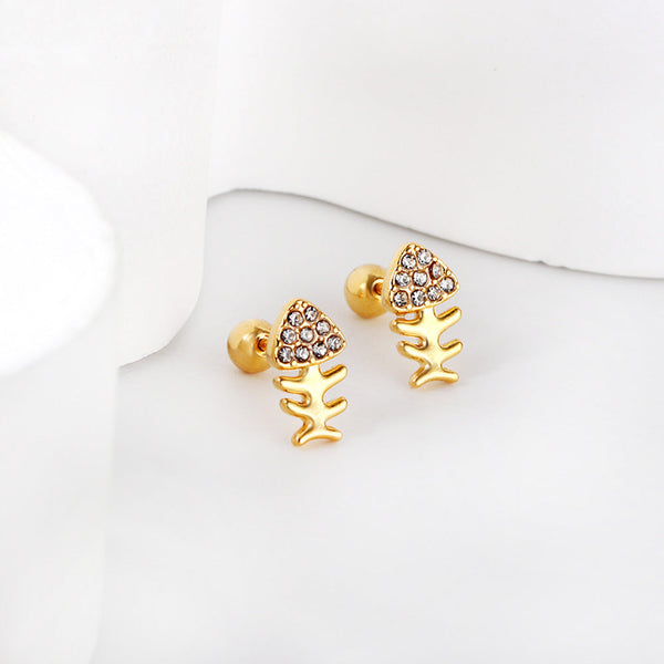 Gold coloured steel bead screw plug fishbone with white diamonds stud